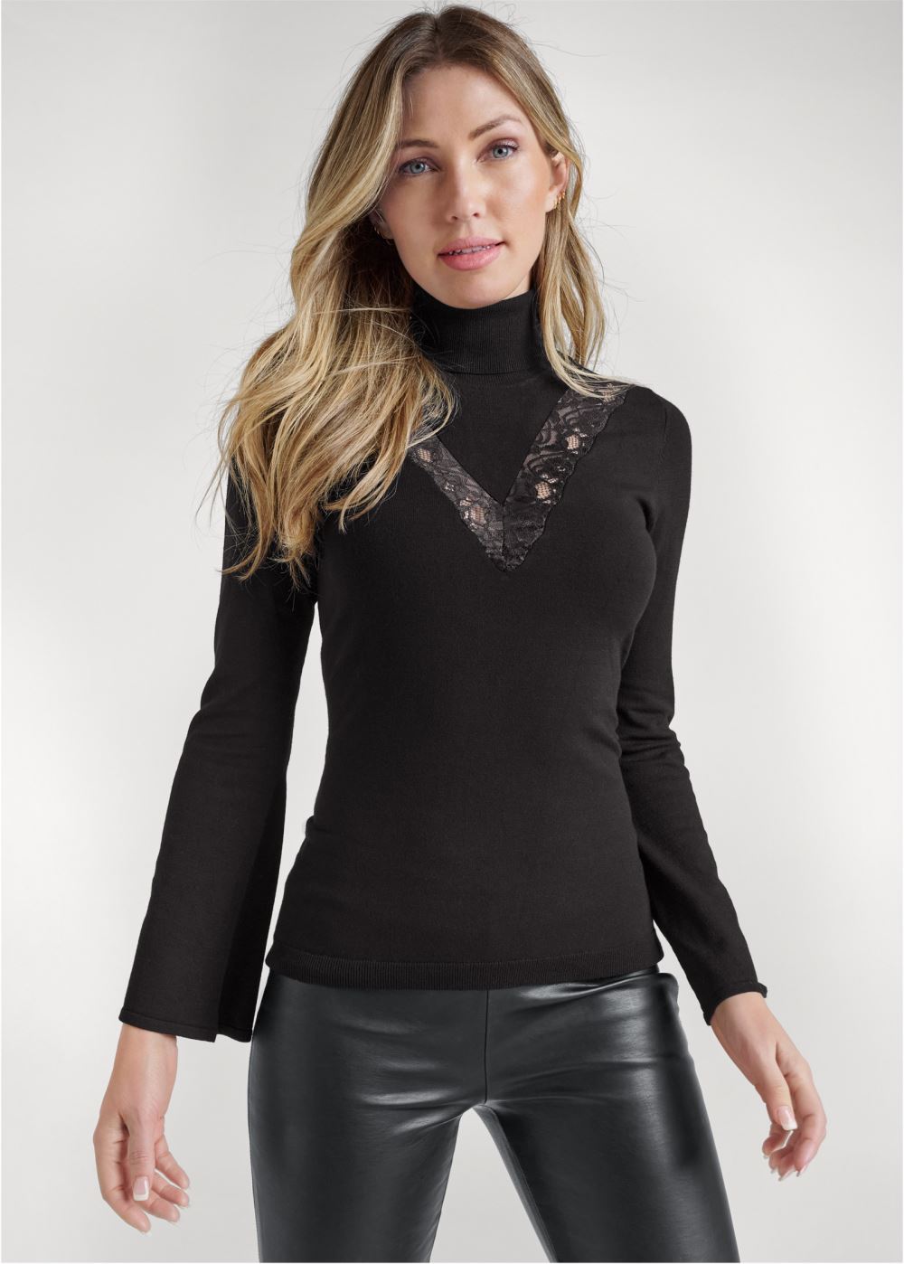 Venus VENUS | Lace Bell-Sleeve Turtleneck Sweater in Black [Venus ...