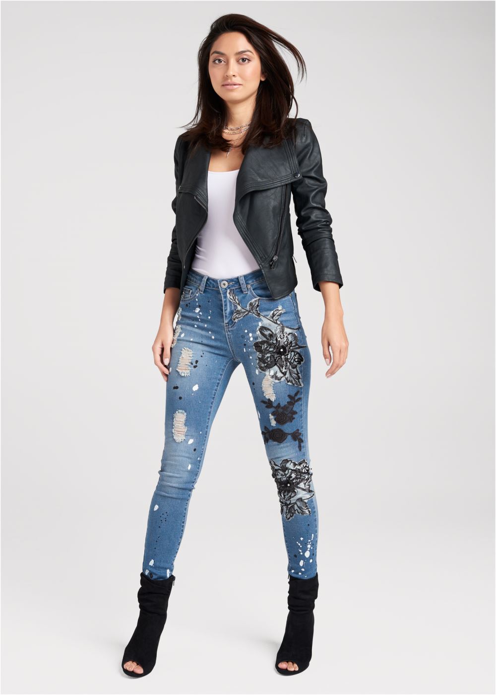 Venus Medium Wash FLORAL APPLIQUE SKINNY JEANS [Venus Clothing 2152 ...