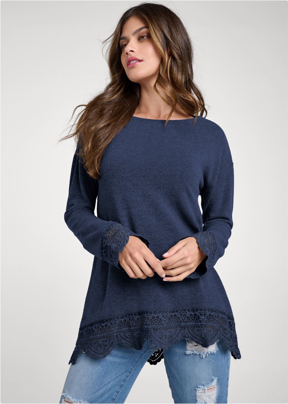 Venus Lace Trim Cozy Knit Top in Navy [Venus Clothing 0808] - $23.40 ...
