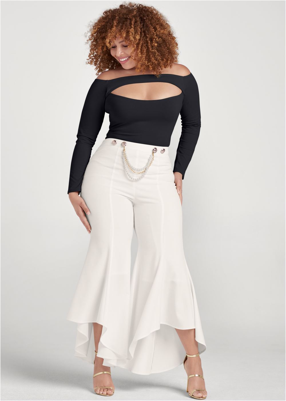 Venus Plus Size Ruffle Hem Pants With Removable Trim in Off White ...